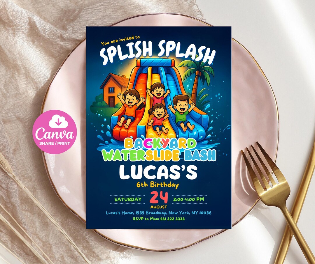 Editable Waterslide Birthday Invitation - Summer Pool Party - Splash ...