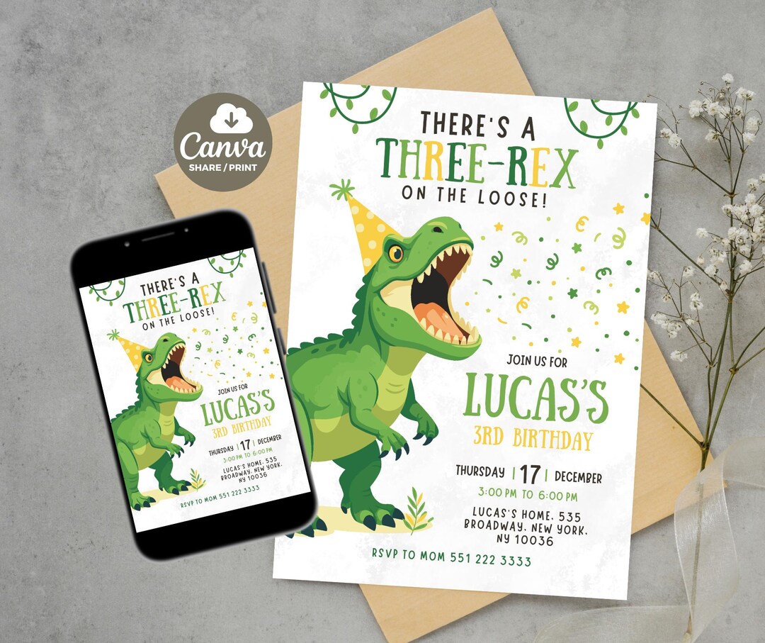 Dinosaur Birthday Invitation, Editable Three Rex Birthday Invite, Boys ...
