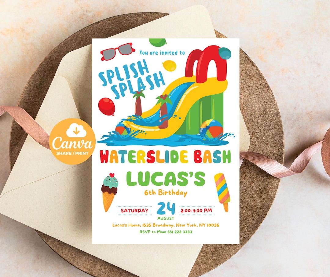 Editable Waterslide Birthday Invitation - Summer Pool Party - Splash ...