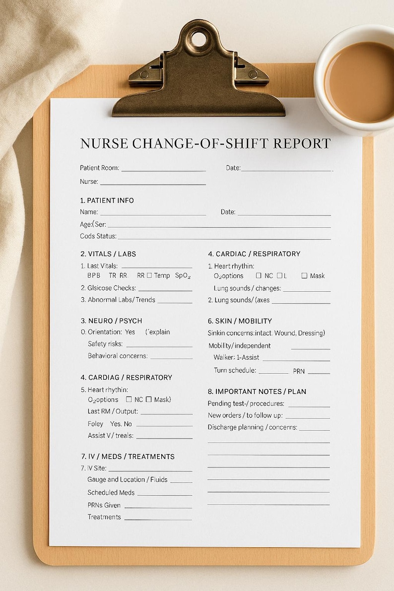 Nurse Shift Report Sheet | Printable Handoff Report | Nursing Report ...