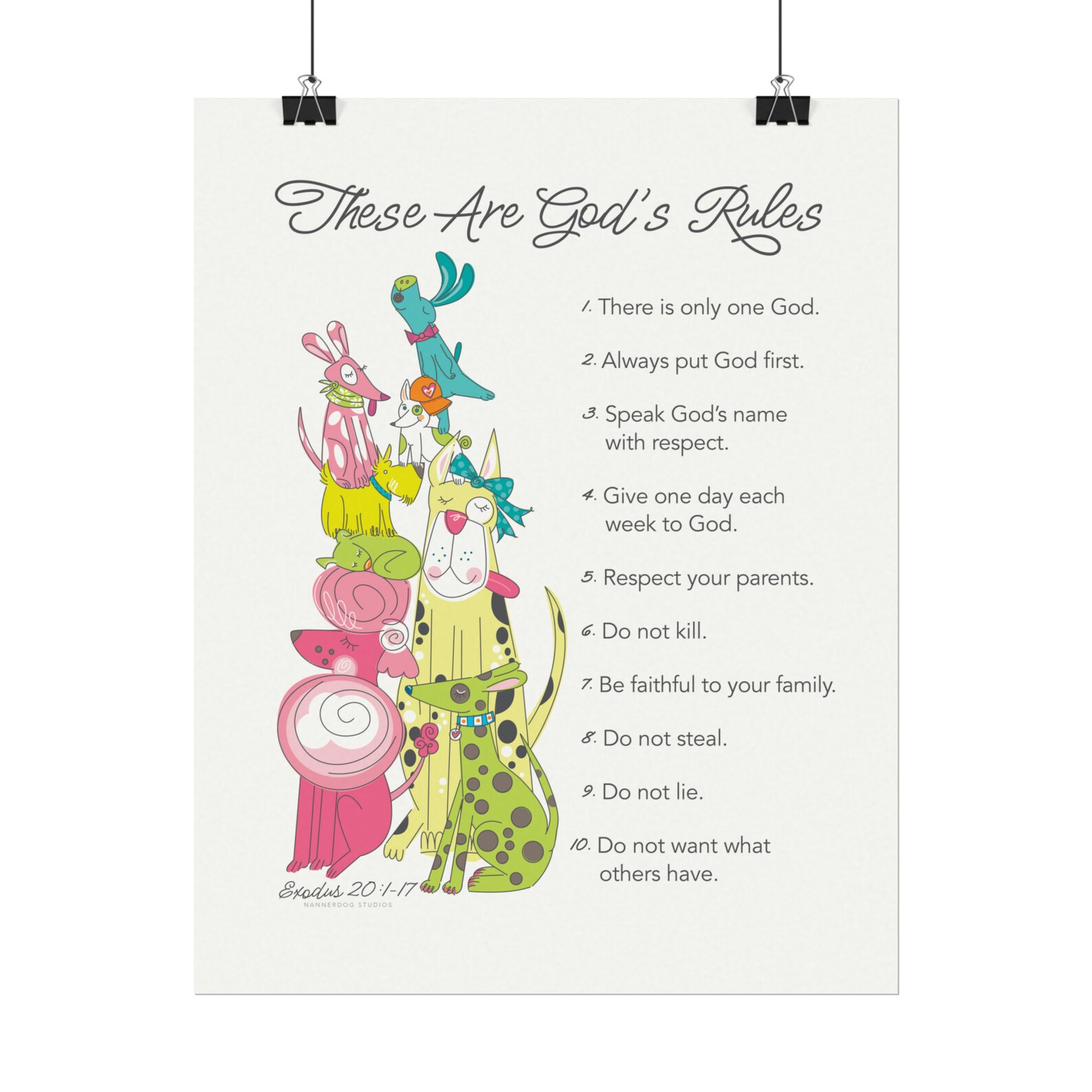10 Commandments Whimsical Artwork Print for Kids | Pile of Puppies Pink ...