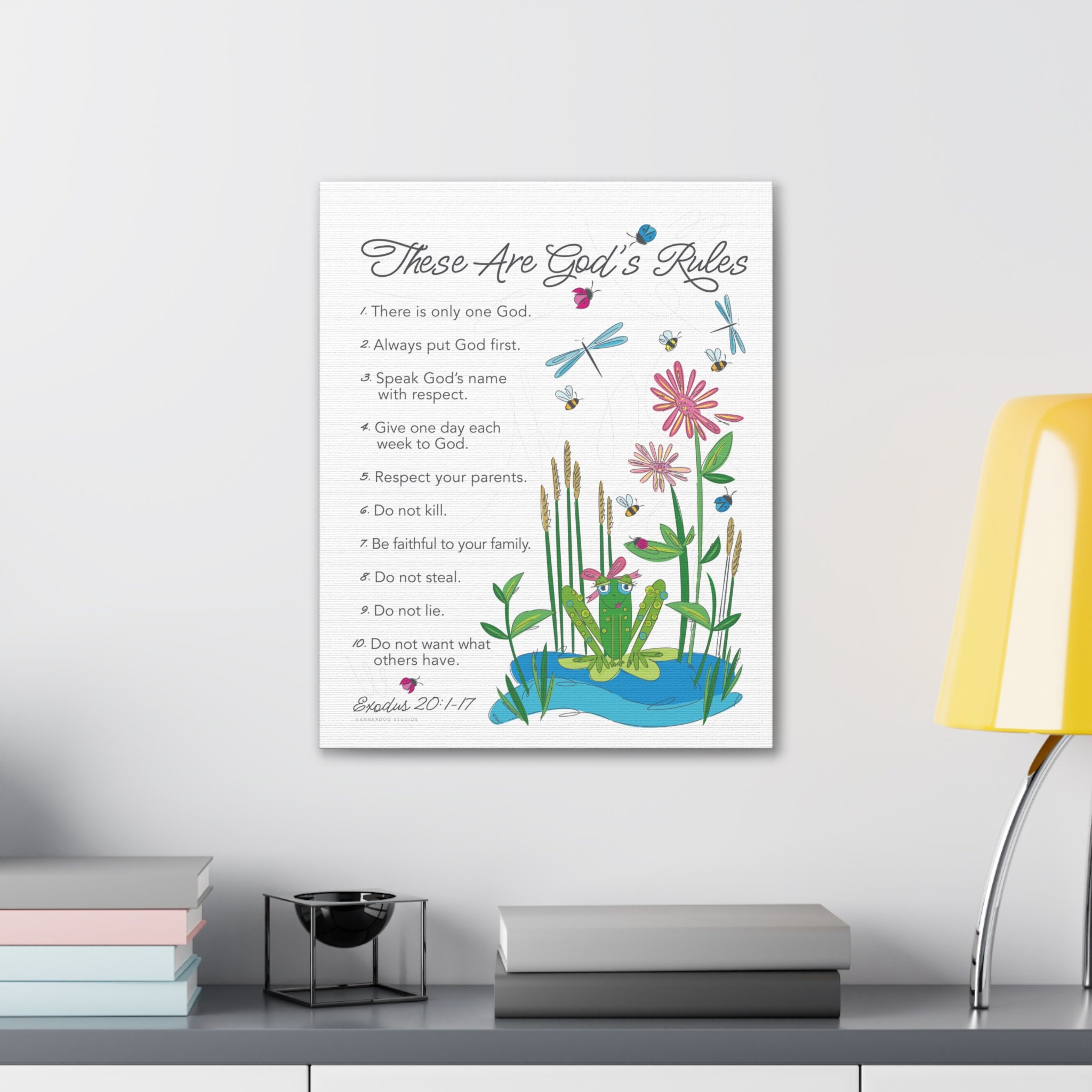 10 Commandments Canvas Whimsical Artwork for Kids Girl Frog, Lilly Pad ...