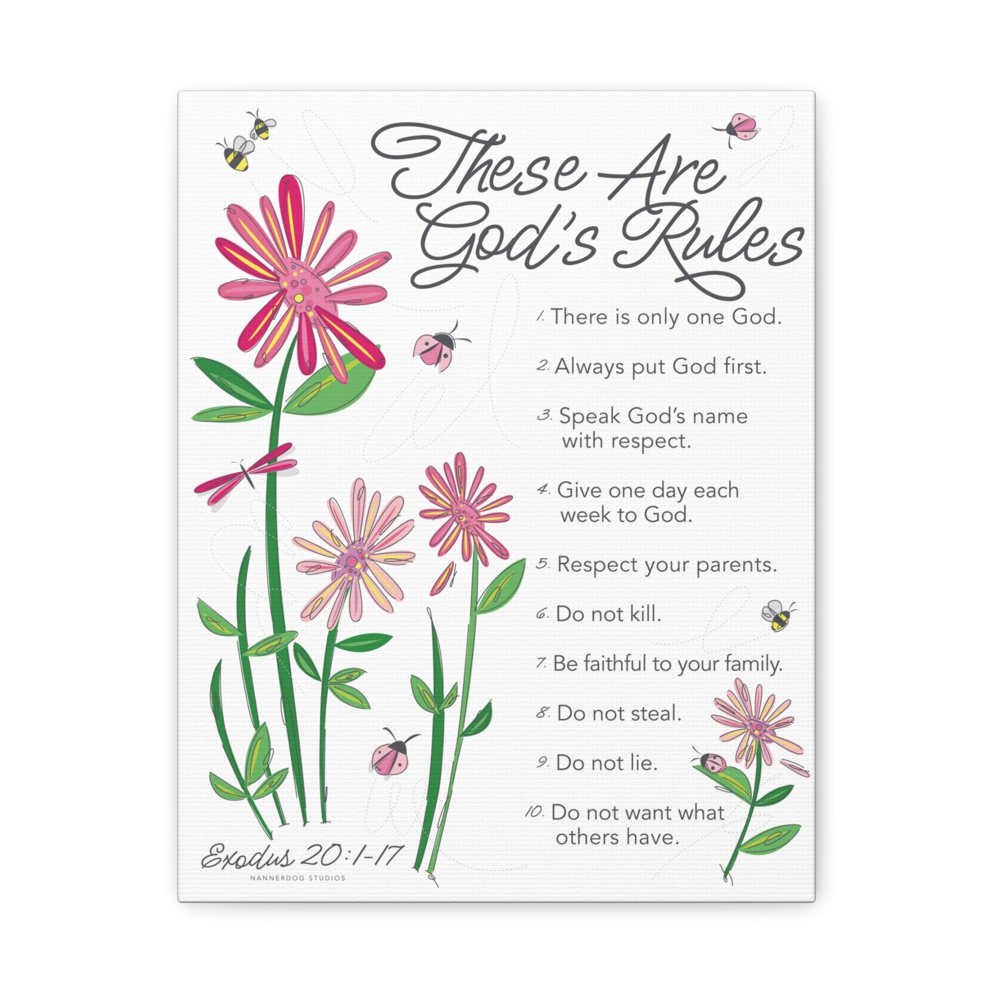 10 Commandments Canvas Whimsical Artwork for Kids Pink Flowers, Garden ...