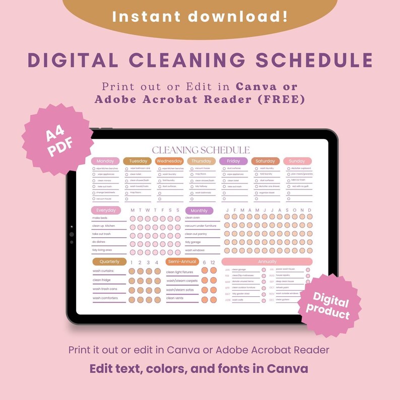 Editable Cleaning Schedule: Canva & PDF Templates (digital Download A4 ...