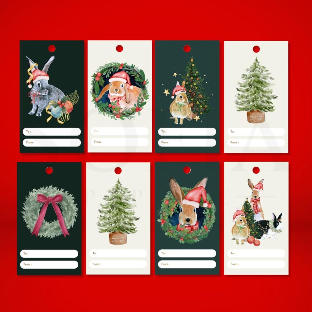 Christmas Bunny Gift Tags – Holiday Rabbit, Tree, Wreath Designs - Etsy