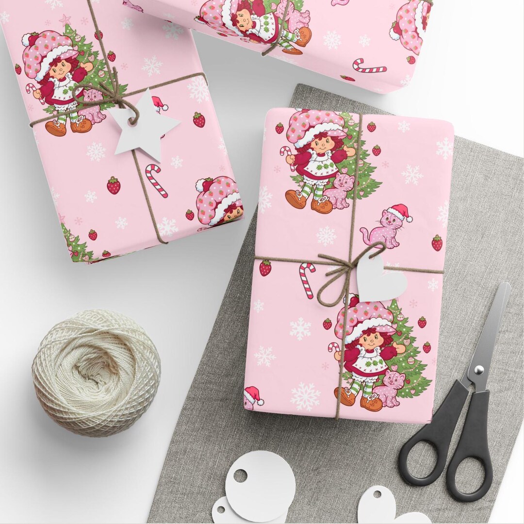Strawberry Shortcake Christmas Pink Wrapping Paper | Holiday Strawberry ...