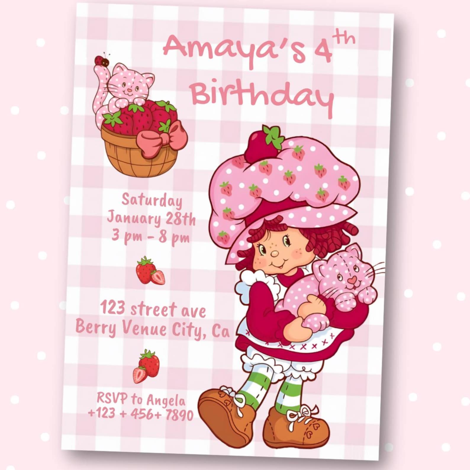 Strawberry Shortcake Birthday Invitation | Editable Canva Template ...