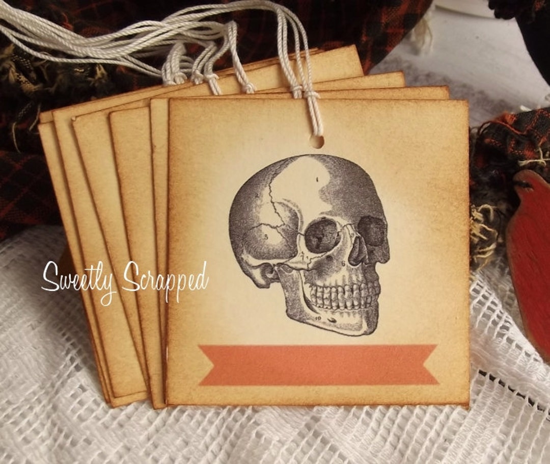 Skull Tags, Orange Label... Aged, Vintage, Halloween, Labels, Trick or ...