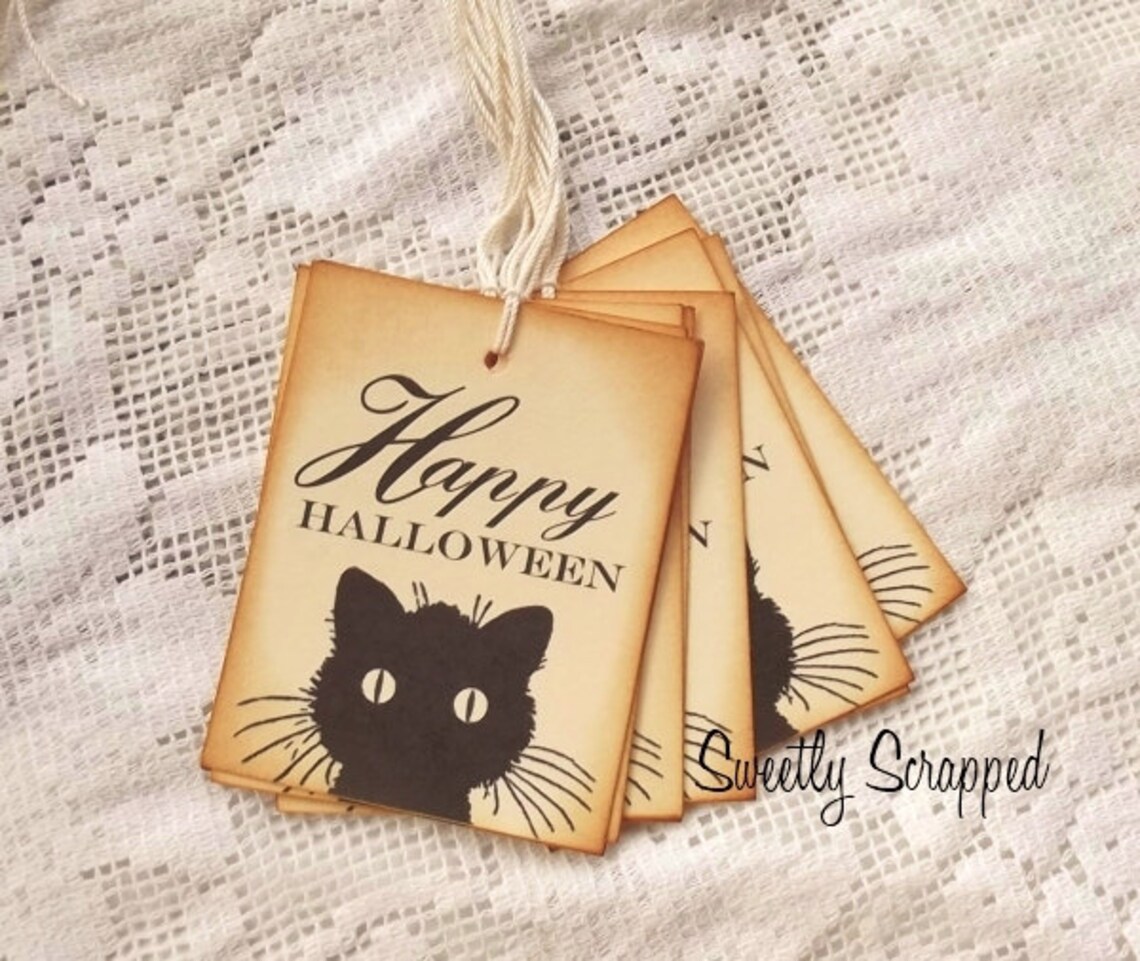 Black Cat Happy Halloween Tags Vintage Tags Look Black - Etsy