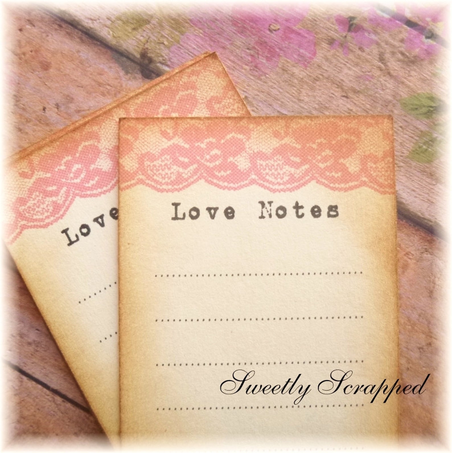 Love Notes Cards .... Pink Lace, Vintage, Typewriter Text, Hand Aged ...