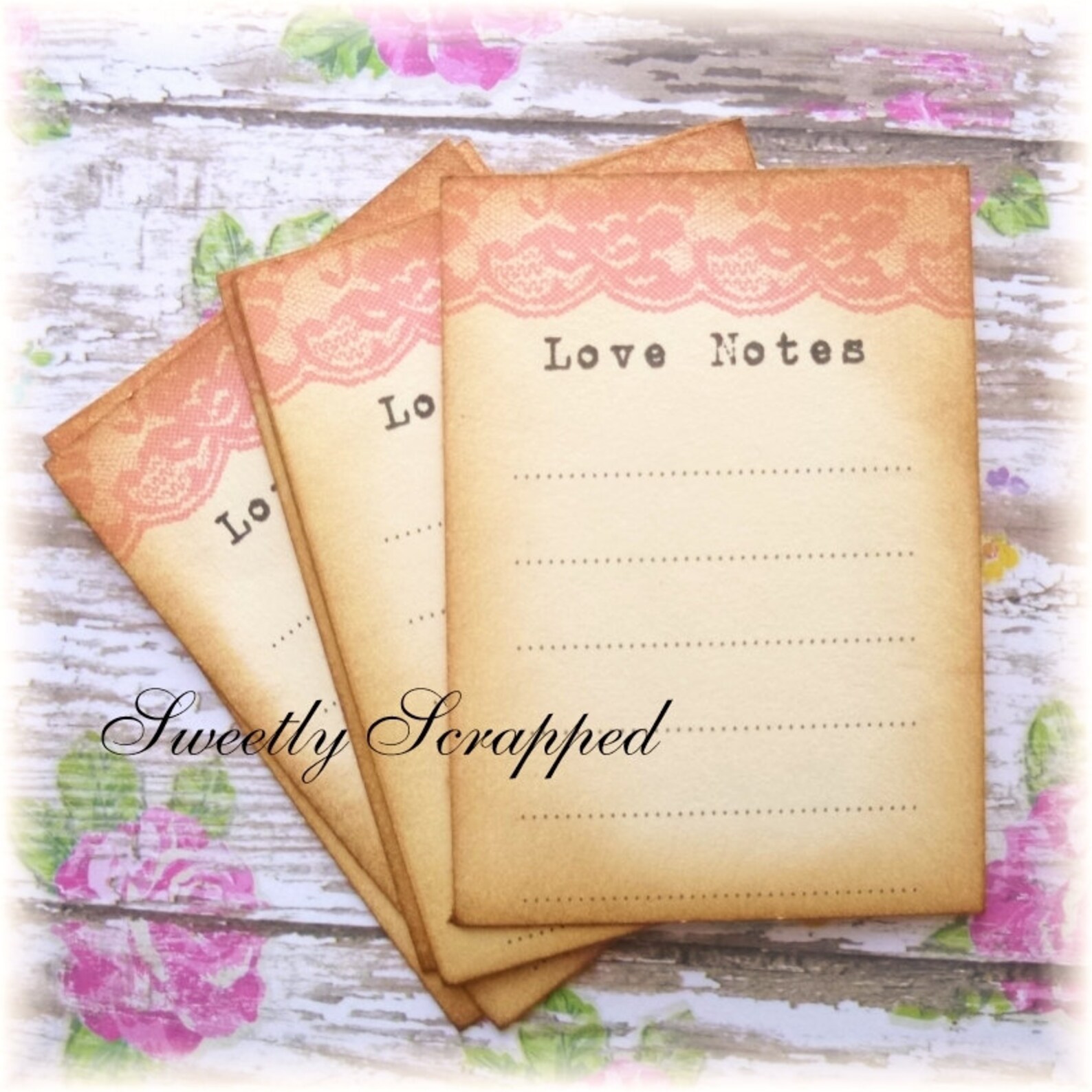 Love Notes Cards .... Pink Lace, Vintage, Typewriter Text, Hand Aged ...