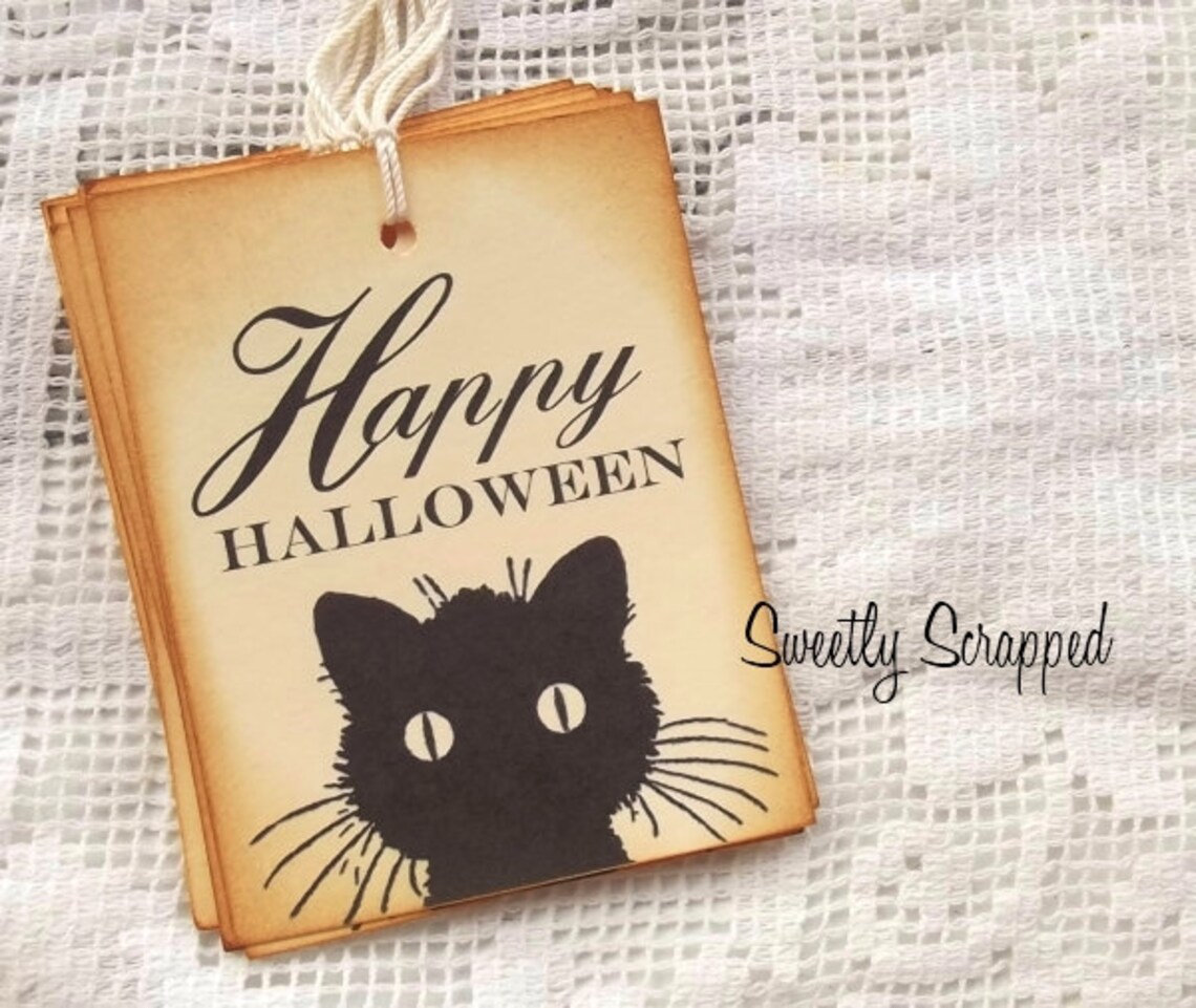 Black Cat Happy Halloween Tags Vintage Tags Look Black - Etsy