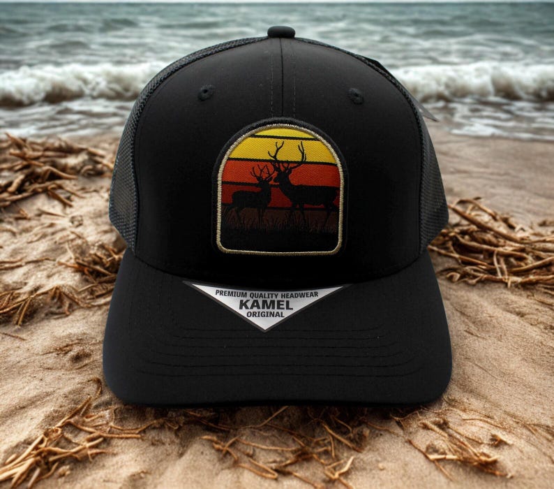 Deer Sunset Trucker Hat. Embroidered Wildlife Patch Outdoor Cap ...