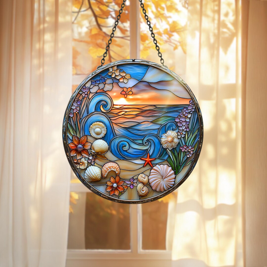 Beach Stained Glass Window Hanging Ocean Wave Home Decoration Seashell ...