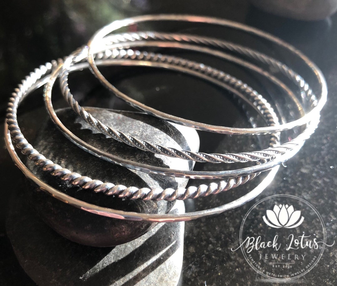 5 Sterling Silver Stacking Bangle Bracelets, Pattern Bangles, Beaded ...