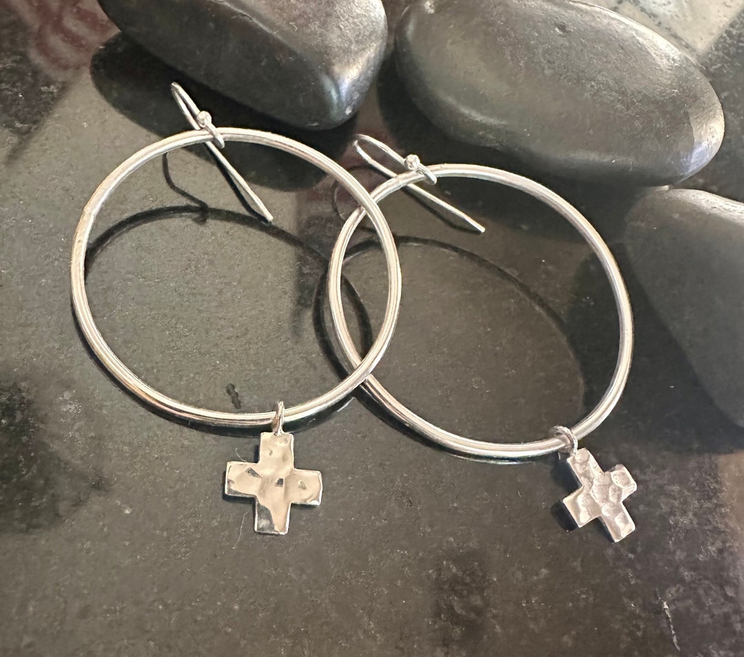 Sterling Silver Smooth Hoop Earrings With Chunky Hammered Crosses ...