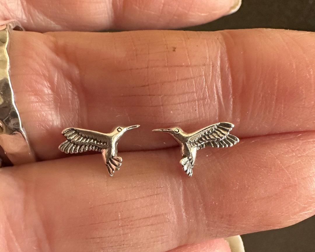 Sterling Silver Hummingbird Earrings, Birdwatcher Jewelry, Animal Studs ...