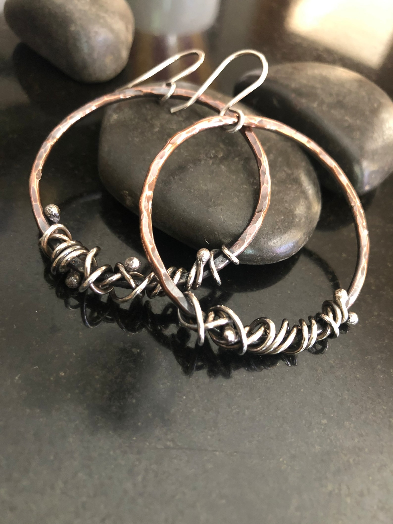 Rustic Mixed Metal Hoop Earrings, Sterling Silver and Pure Copper Hoops ...