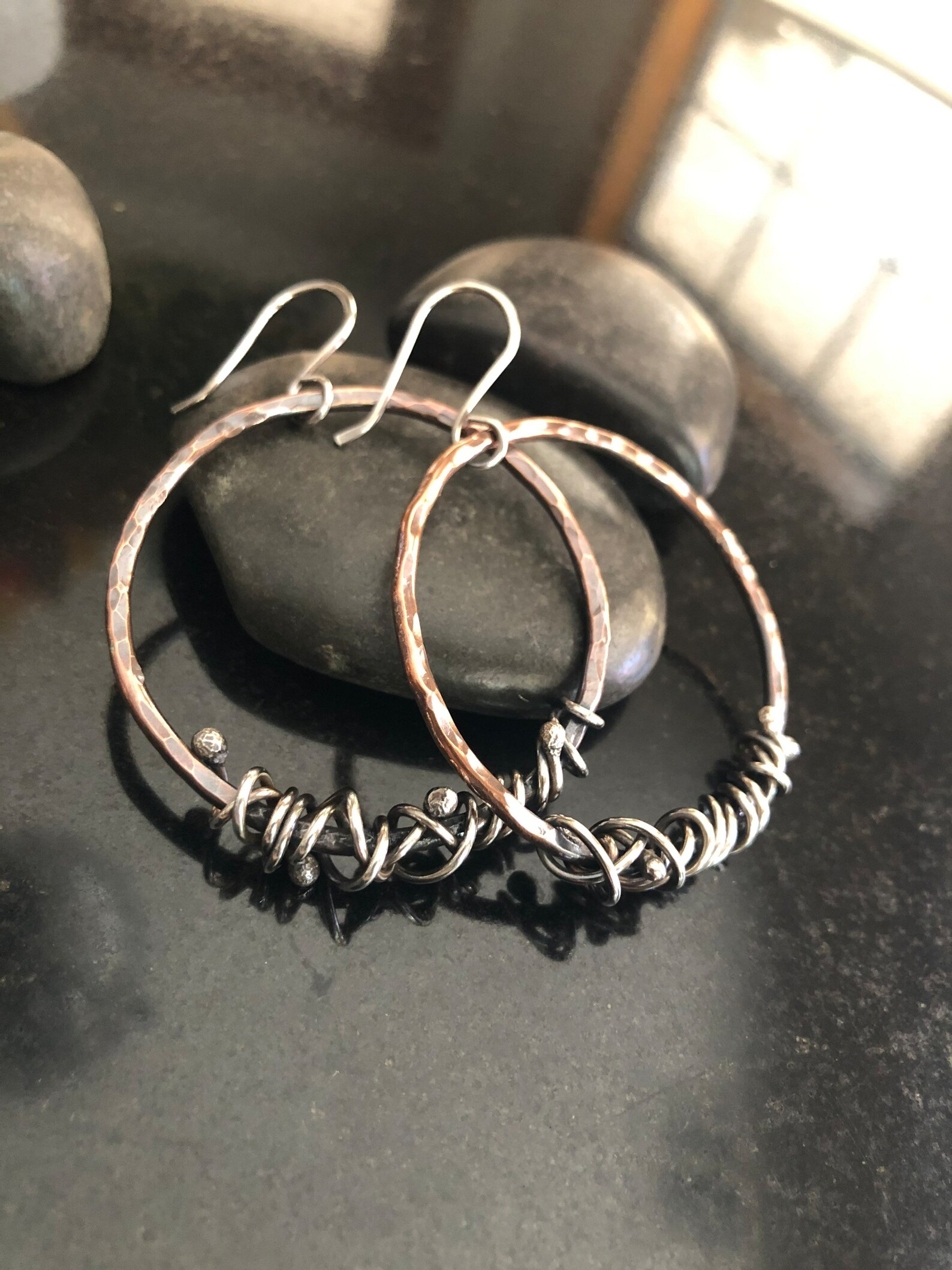 Rustic Mixed Metal Hoop Earrings, Sterling Silver and Pure Copper Hoops ...