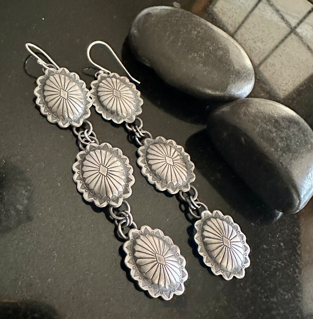 Sterling Silver Concho Dangle Earrings, Long Western Earrings, Handmade ...