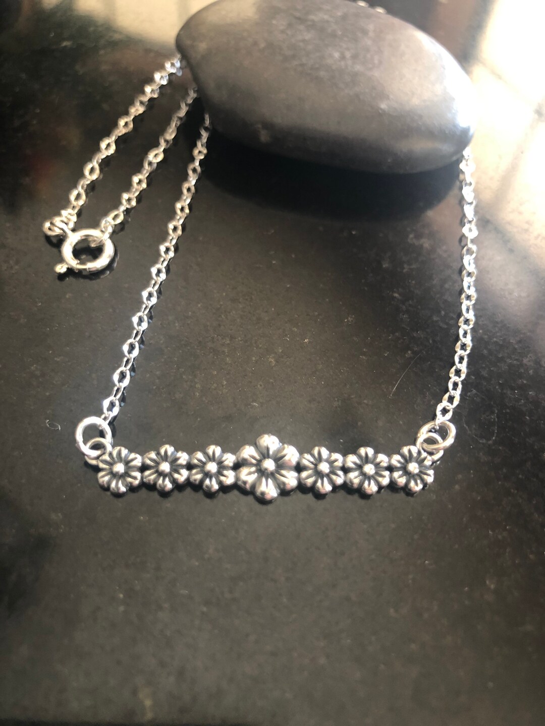 Sterling Silver Flower Necklace, Silver Bar Necklace, Daisy Necklace ...