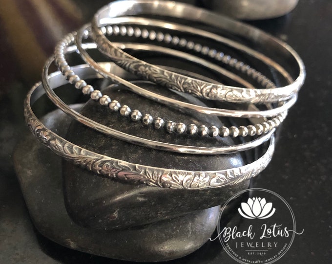 Sterling Silver Stacking Bangle Bracelets, Pattern Bangle, Beaded ...