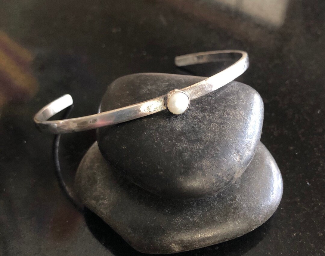 Freshwater Pearl and Sterling Silver Cuff Bracelet, Hammered Adjustable ...