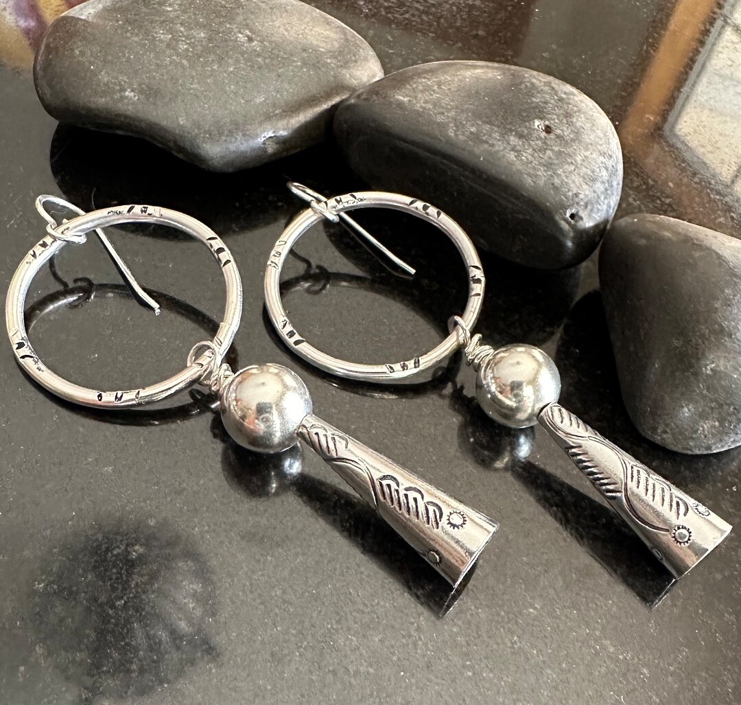 Sterling Silver Ball and Cone Hoop Earrings, Hand Stamped Hoops ...