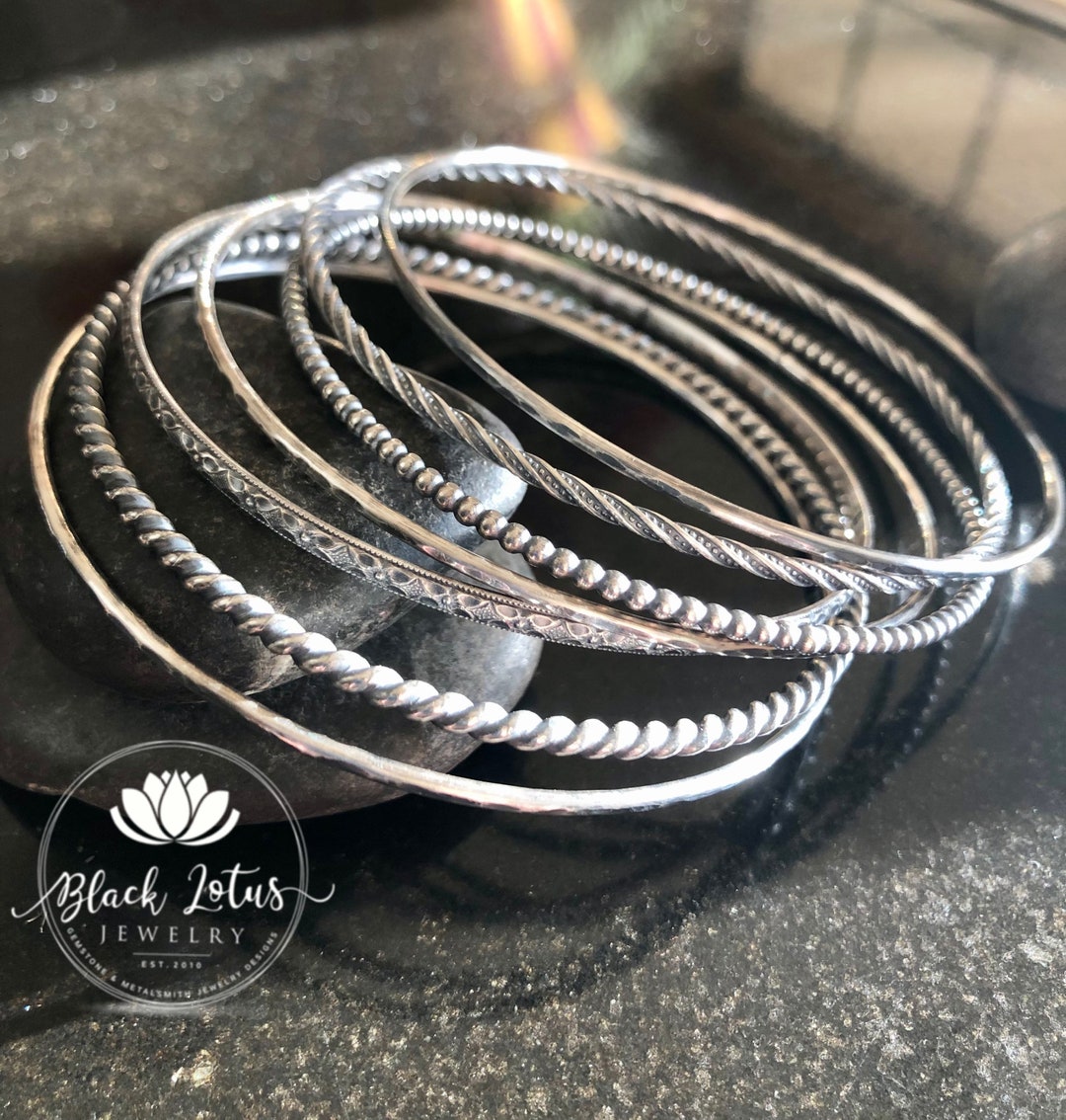 7 Sterling Silver Stacking Bangle Bracelets, Pattern Bangle, Beaded ...