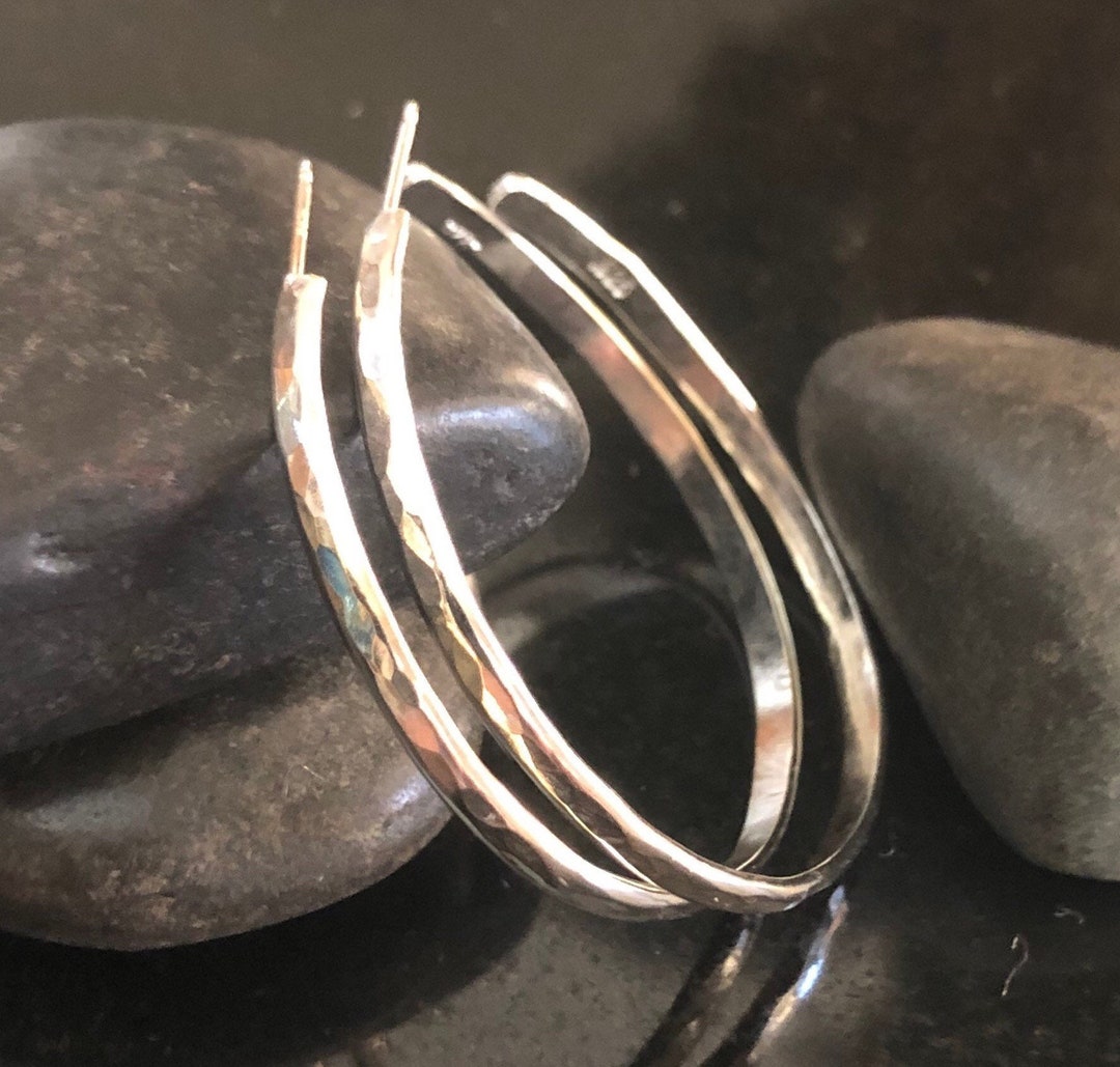 Half Round Sterling Silver Hoops, Hammered Post Back Hoop Earrings ...