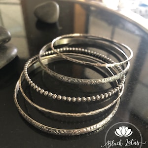 Sterling Silver Stacking Bangle Bracelets, Pattern Bangle, Beaded ...
