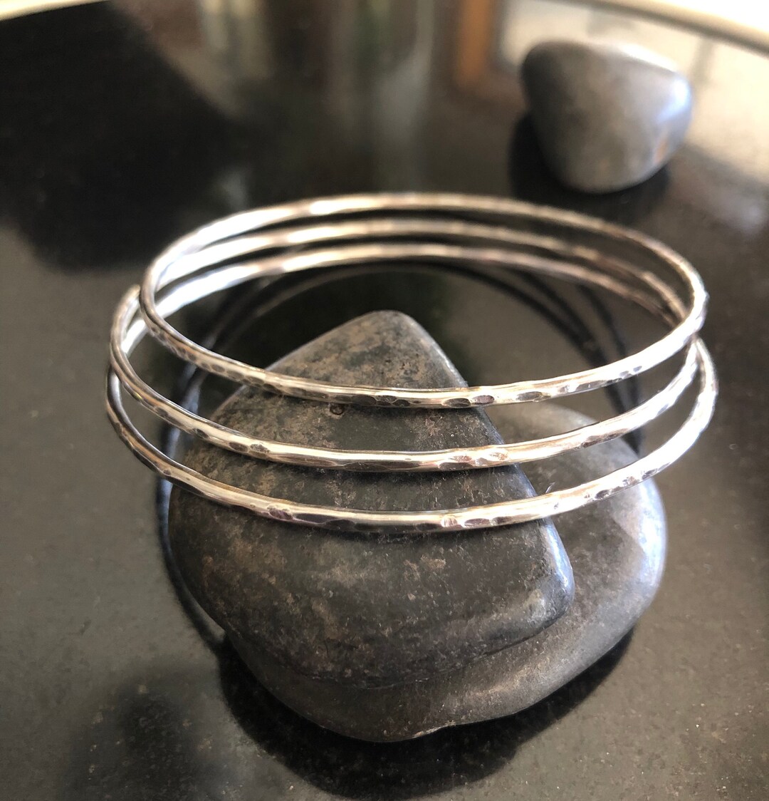 Thick Set of 3 Sterling Silver Stacking Bangle Bracelets, Hammered ...
