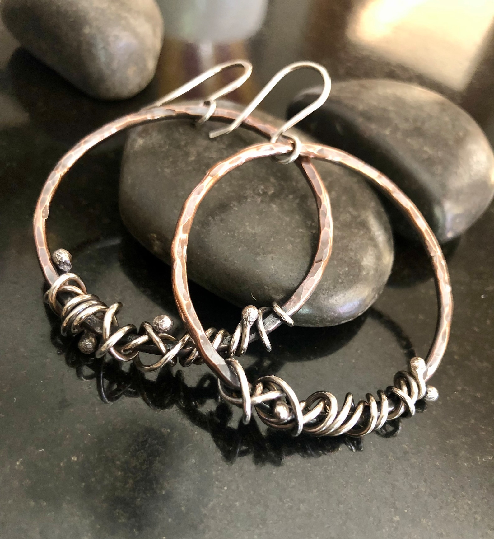 Rustic Mixed Metal Hoop Earrings, Sterling Silver and Pure Copper Hoops ...