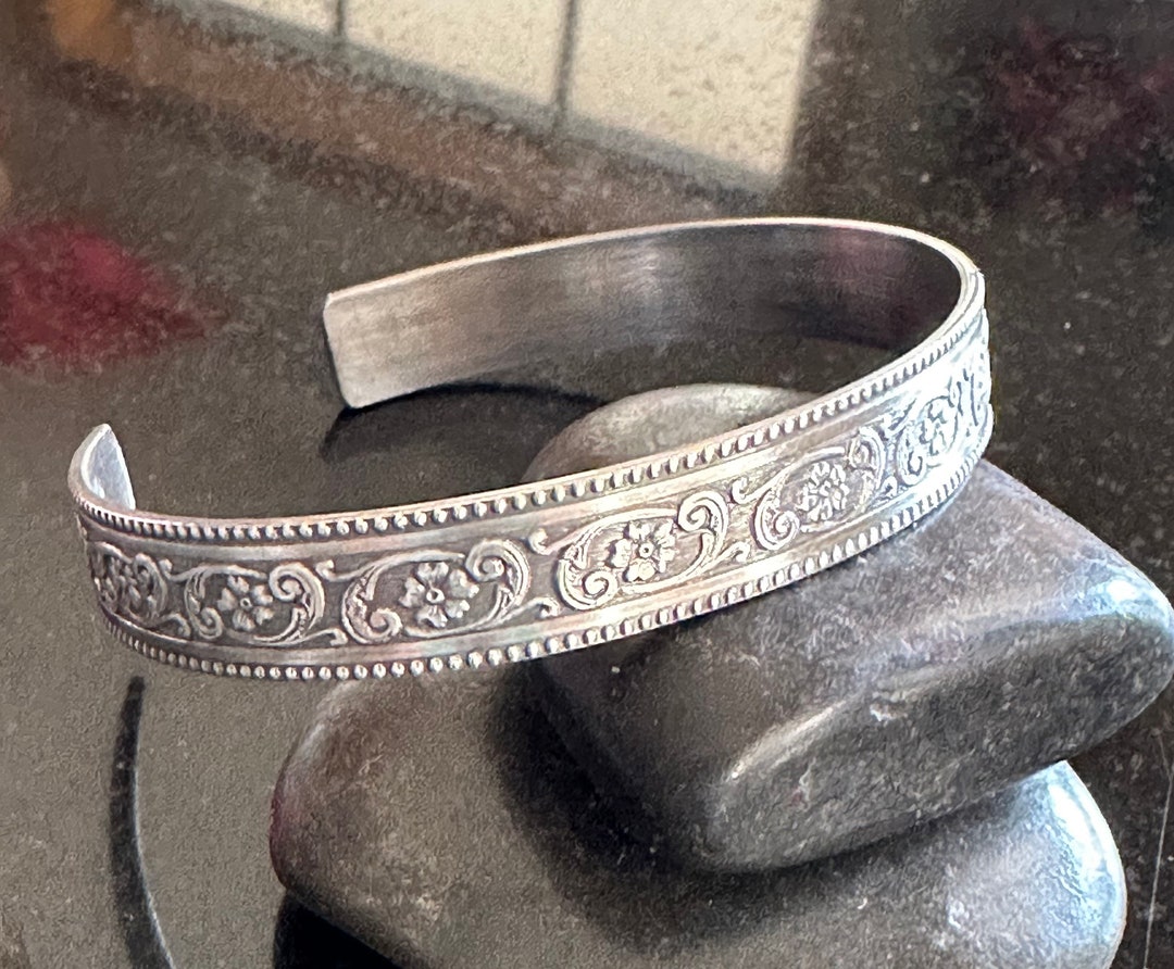 Thick and Wide Sterling Silver Floral Pattern Cuff Bracelet, Adjustable ...