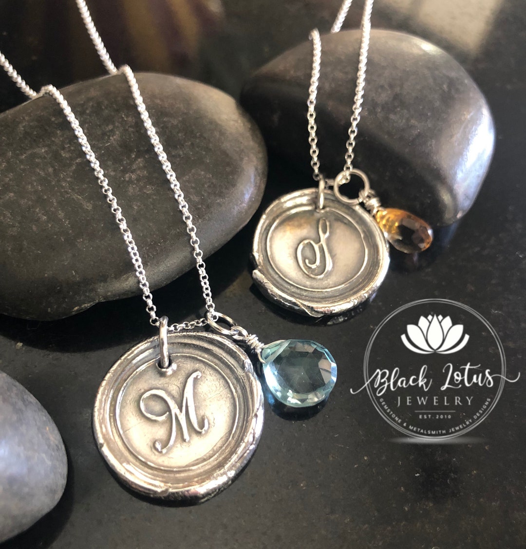 Fine Silver Wax Seal Initial Necklace, Wax Seal Pendant, Monogram ...