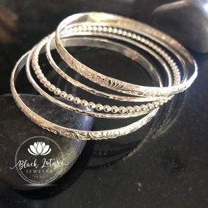 Sterling Silver Stacking Bangle Bracelets, Pattern Bangle, Beaded ...