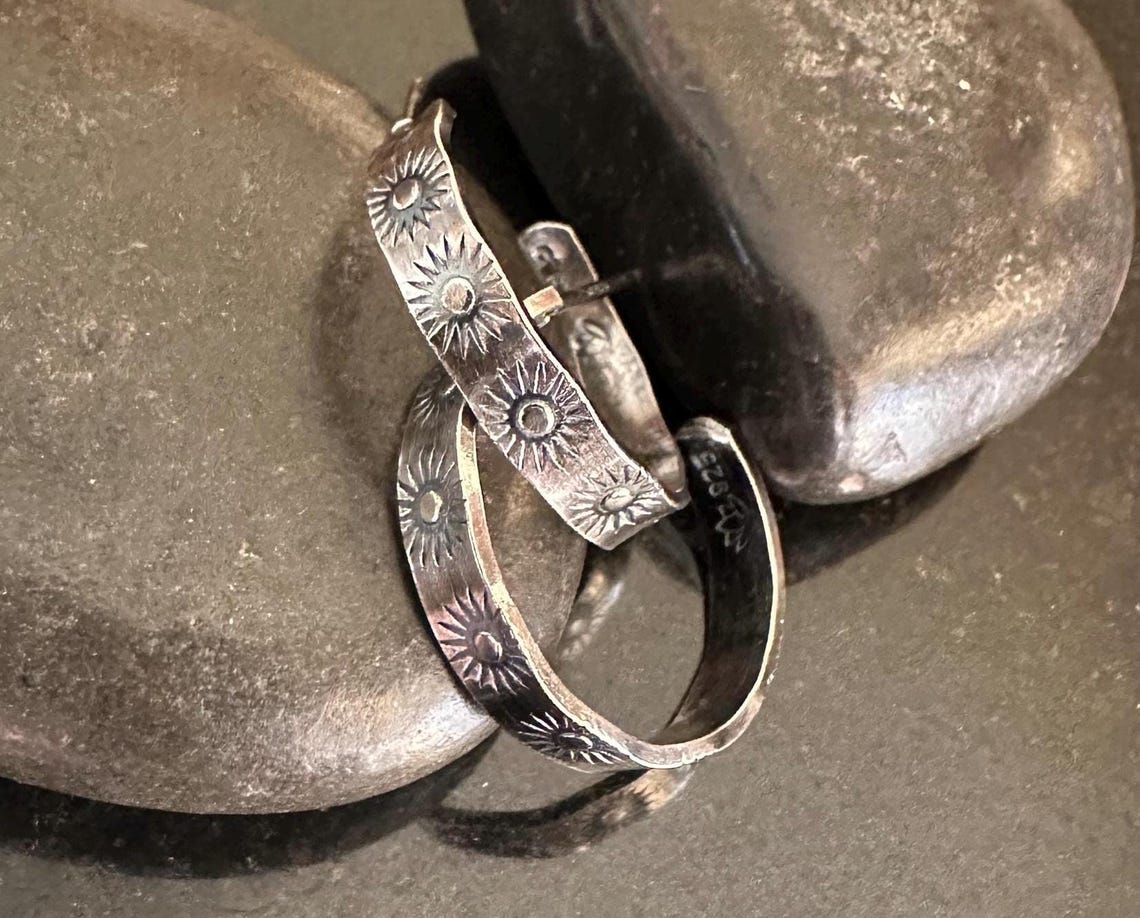 Hand Stamped Sterling Silver Hoops, Native Sun Stamped Hoop Earrings ...