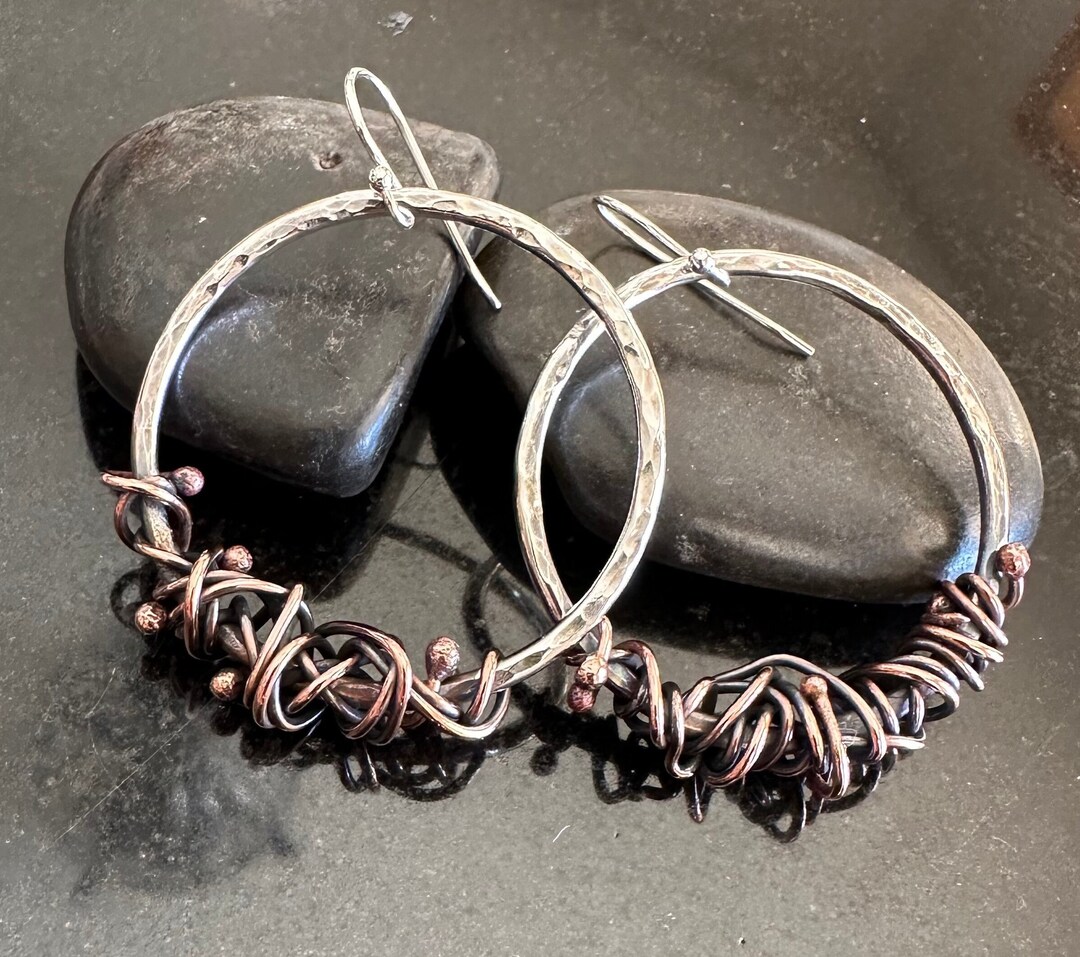 Rustic Mixed Metal Hoop Earrings, Sterling Silver Hoops With Pure ...