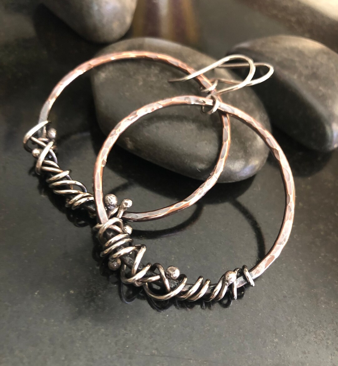 Rustic Mixed Metal Hoop Earrings, Sterling Silver and Pure Copper Hoops ...