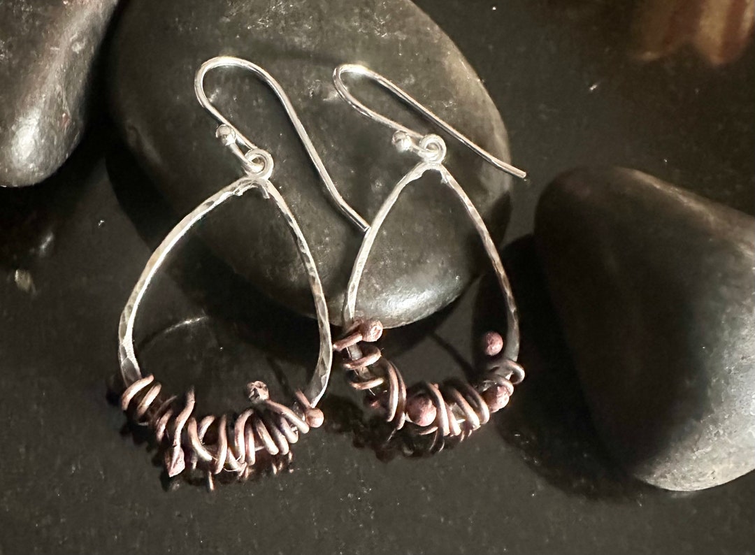 Rustic Mixed Metal Teardrop Hoop Earrings, Sterling Silver and Pure ...