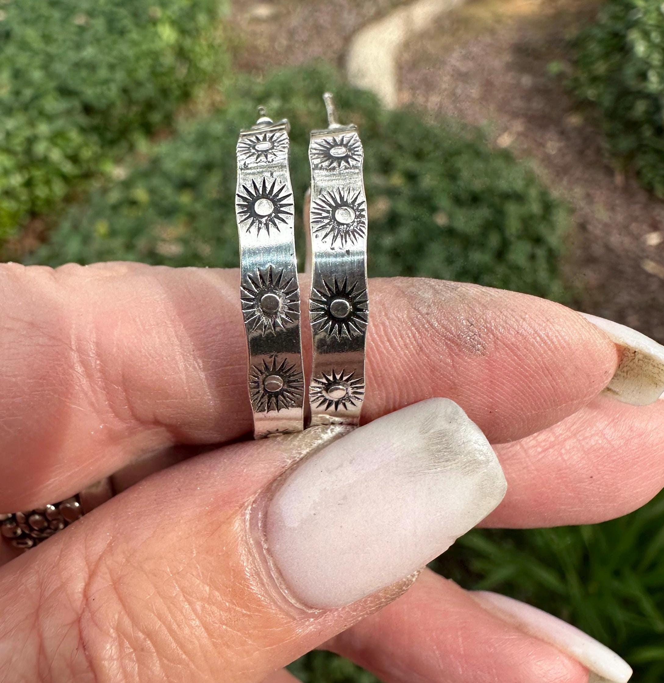 Hand Stamped Sterling Silver Hoops, Native Sun Stamped Hoop Earrings ...