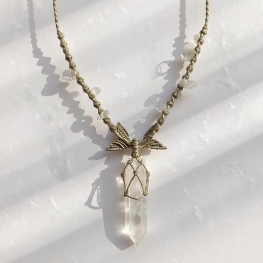 Clear Quartz Crystal Necklace With Macrame Butterfly Raw Stone Healing ...