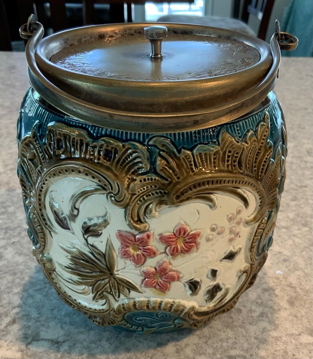 Victorian Majolica-style Biscuit Barrel With Floral Relief and Metal ...