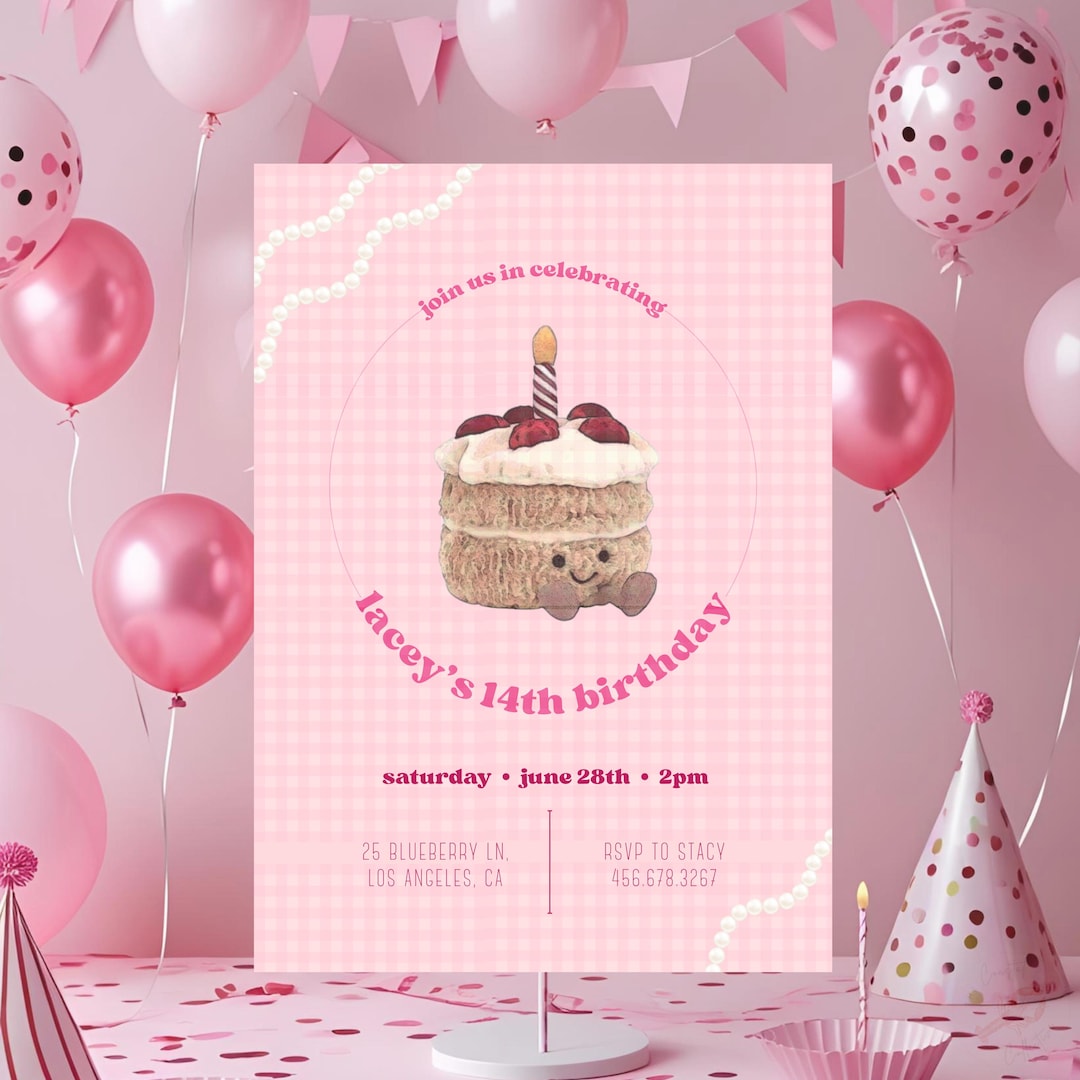 Jellycat Cake Birthday Invitation Template | Pink Cake Birthday Invite ...