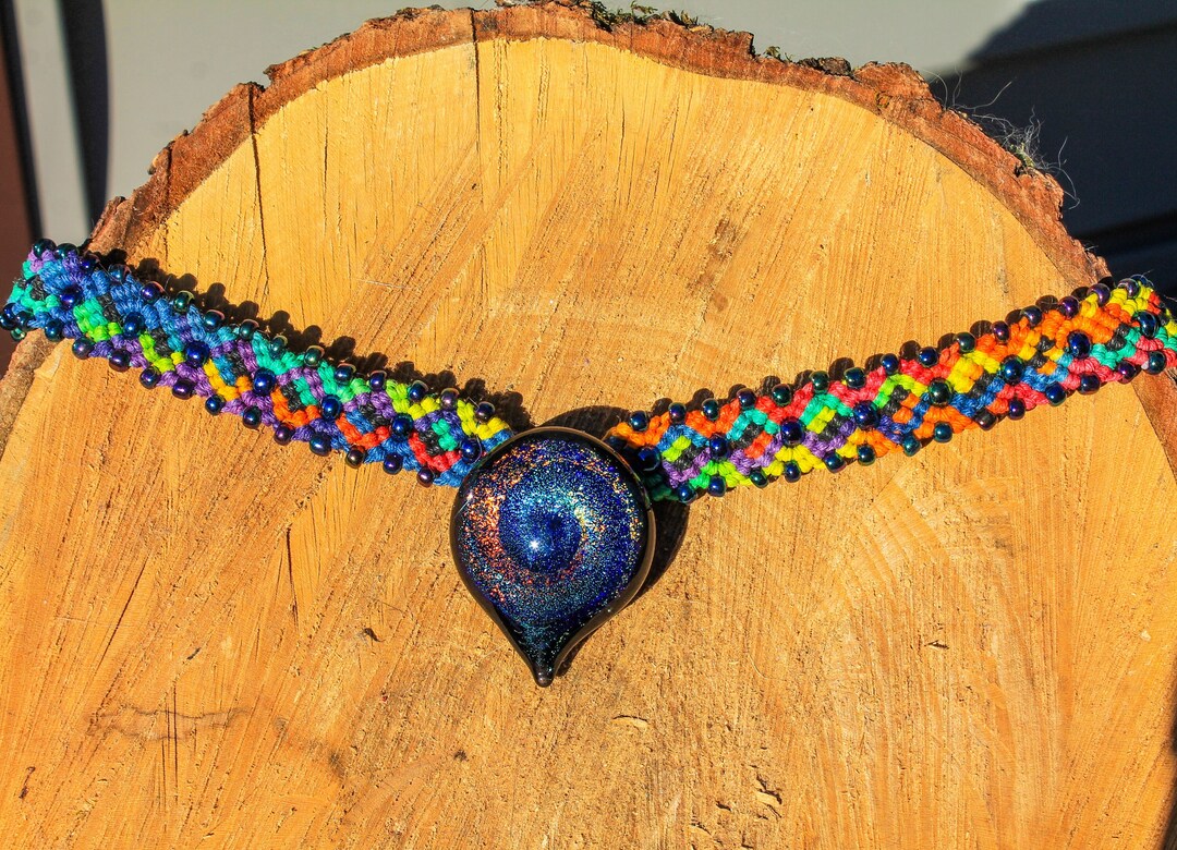 Black and Rainbow Micro Macrame Hemp Necklace With Handblown Glass ...