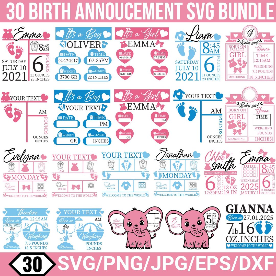 Birth Announcement SVG Bundle, Birth Stats Svg, Baby Stats Template ...
