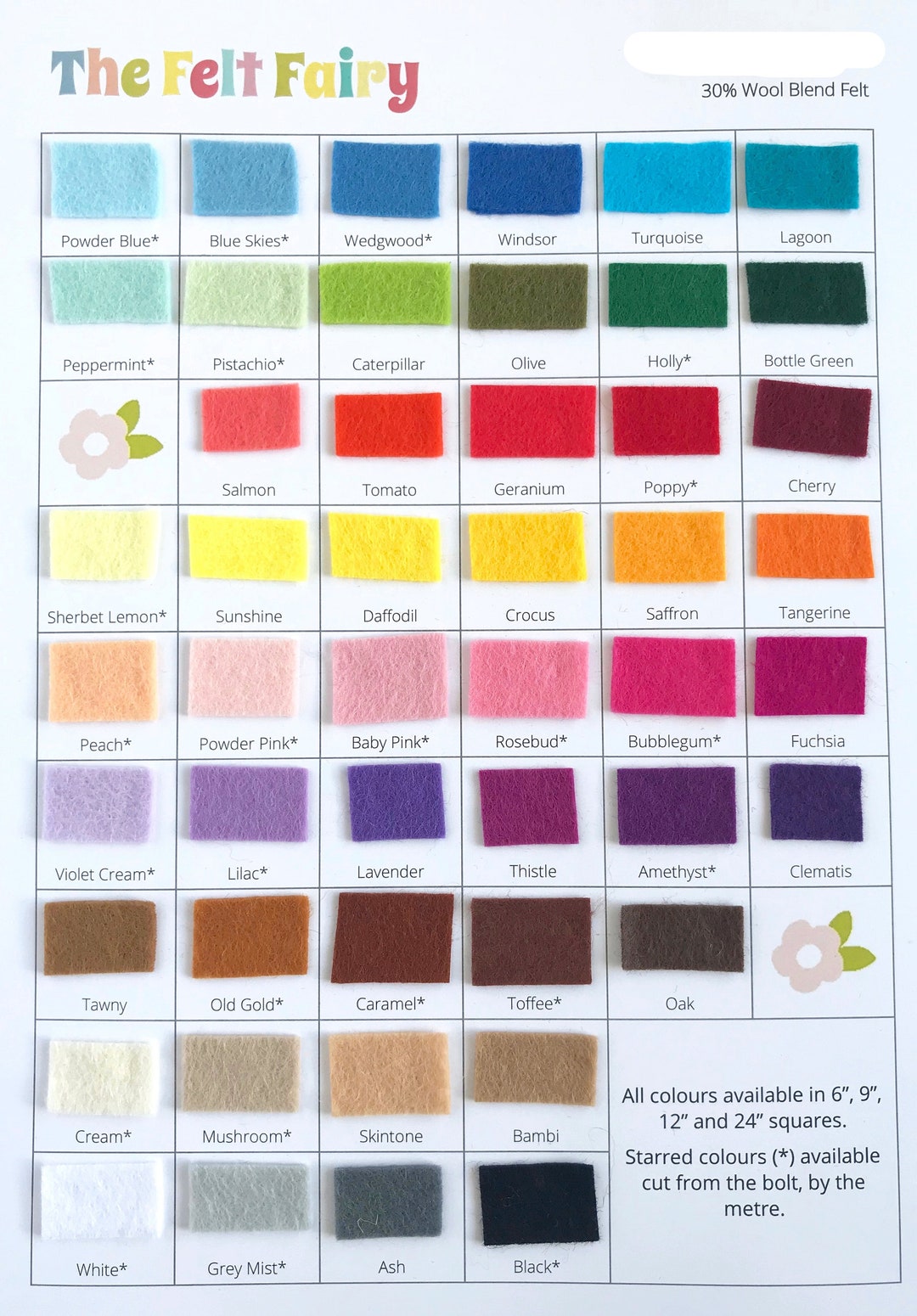 30% Wool Blend Felt SHADE CARD - Felt Swatches - Sample Card - Help to ...