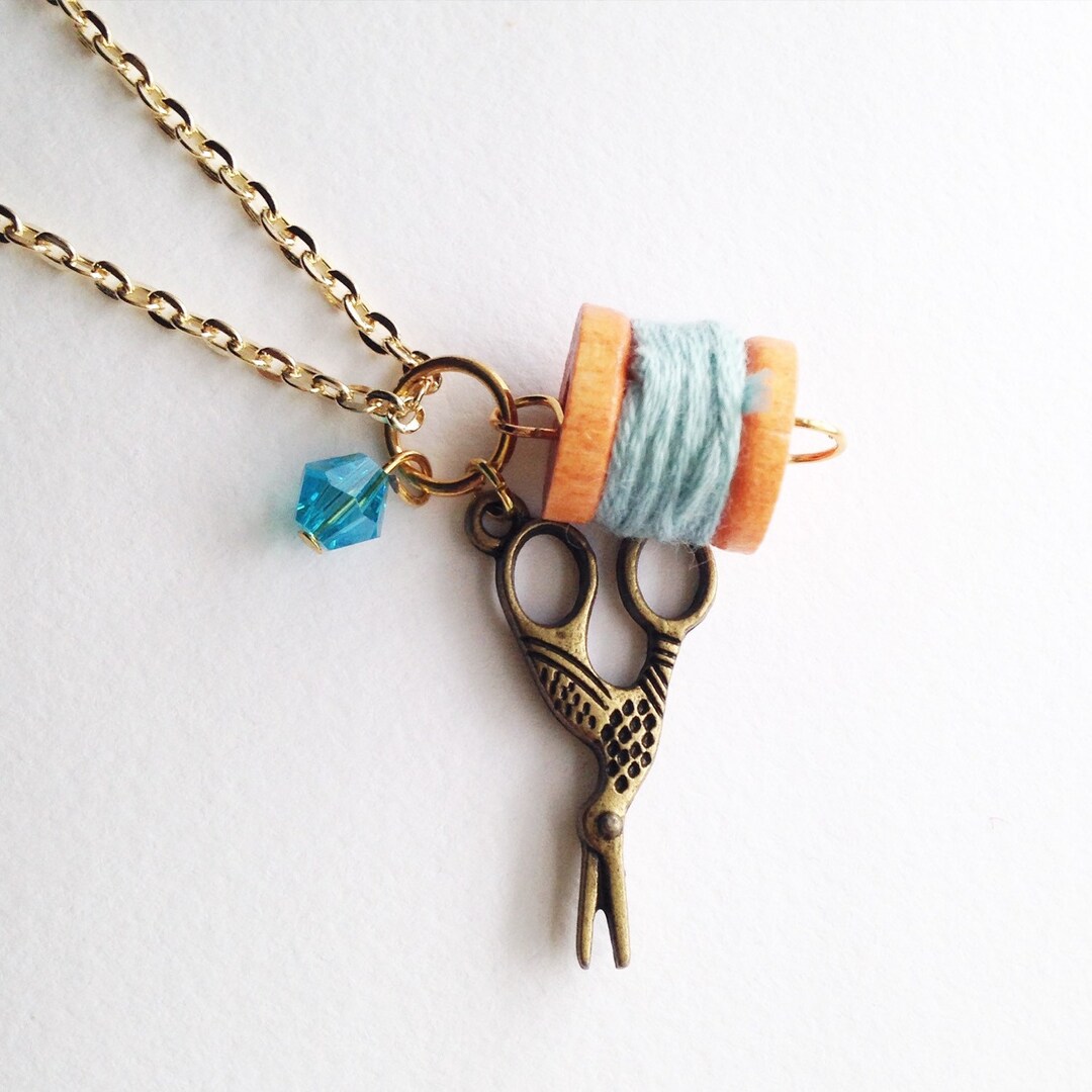 Sewing Thread Scissor Blue Charm Gold Necklace - Etsy