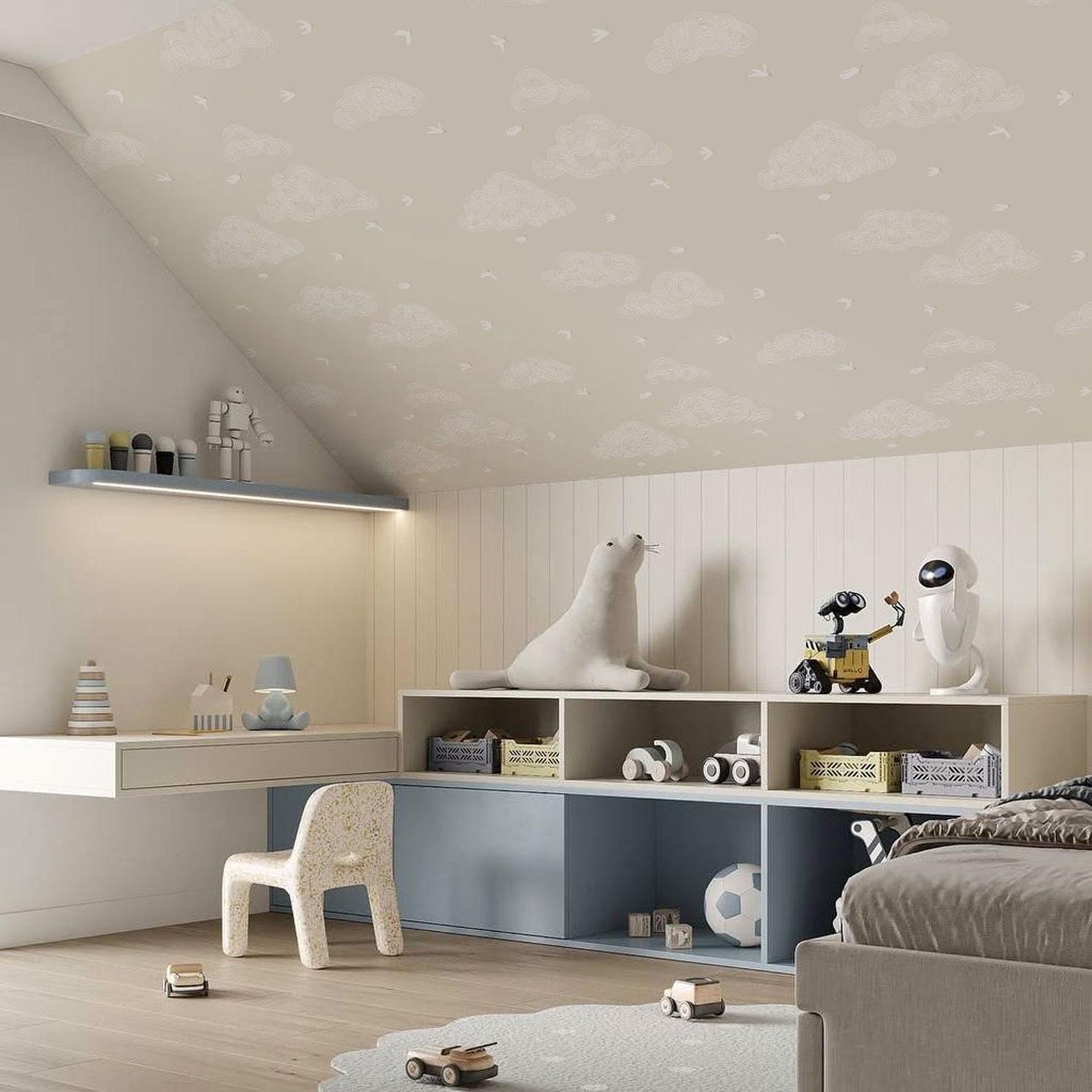 Neutral Cloud and Birds Wallpaper – Soft Beige Nursery Wall Mural ...