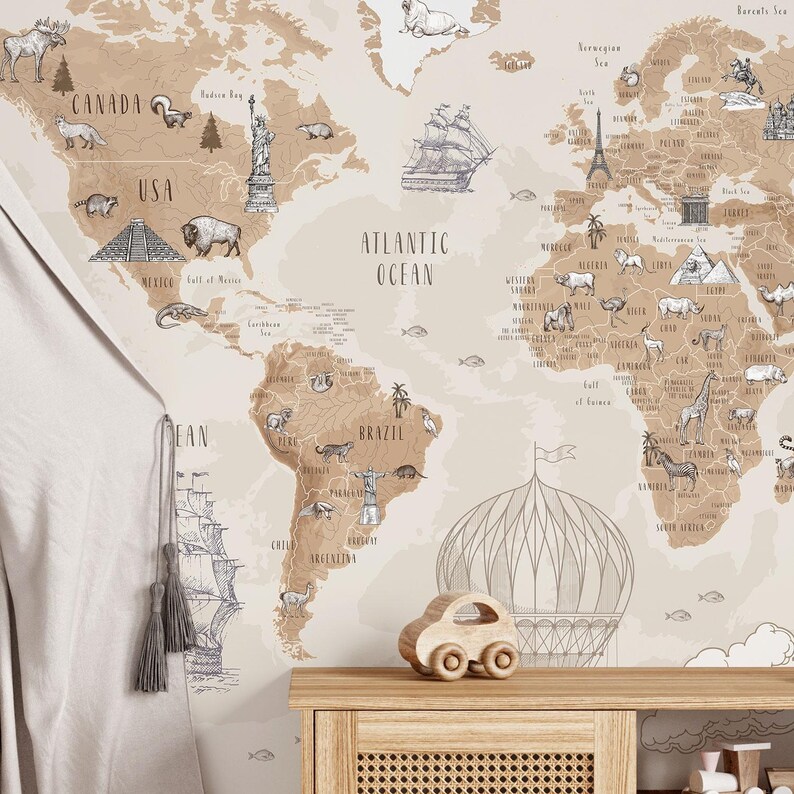 Educational World Map Wallpaper: Kids' Room Animal Atlas Mural - Etsy